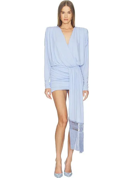 Andamane Dalia Draped Fringe Mini Dress - Cielo