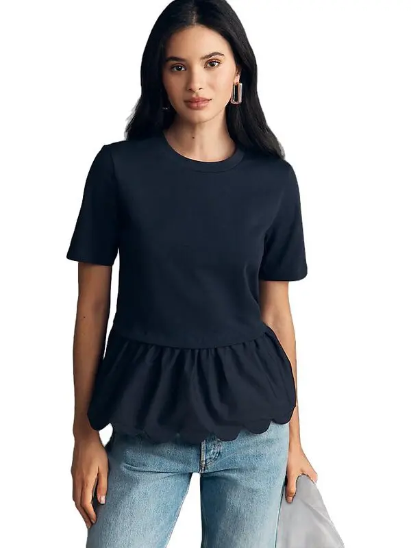 English Factory Cotton Scallop Peplum Top - Navy