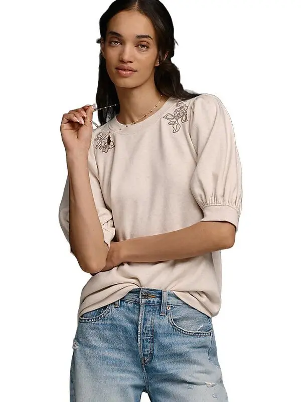 Maeve Embroidered Half-sleeve Swing Sweatshirt - Oatmeal Heather