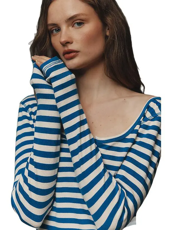 PILCRO Notched Long-sleeve T-shirt Top - Blue Stripe
