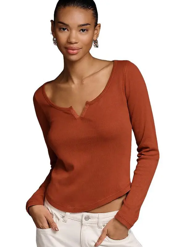 PILCRO Notched Long-sleeve T-shirt Top - Picante