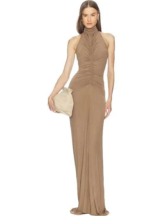 Atlein Halter Neck Front Ruched Gown - Tan