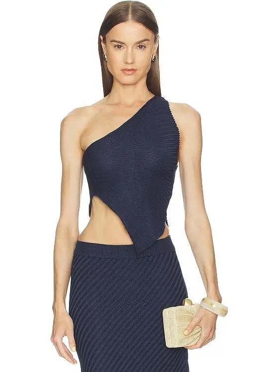 Azulu Asymmetrical One-shoulder Crochet Knit Top - Navy