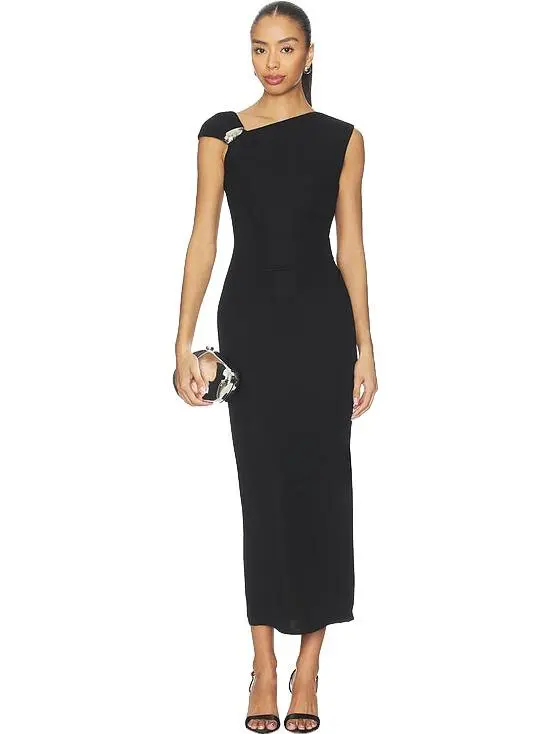 L'academie Maeko Midi Dress With Embellished Asymmetrical Neckline - Black
