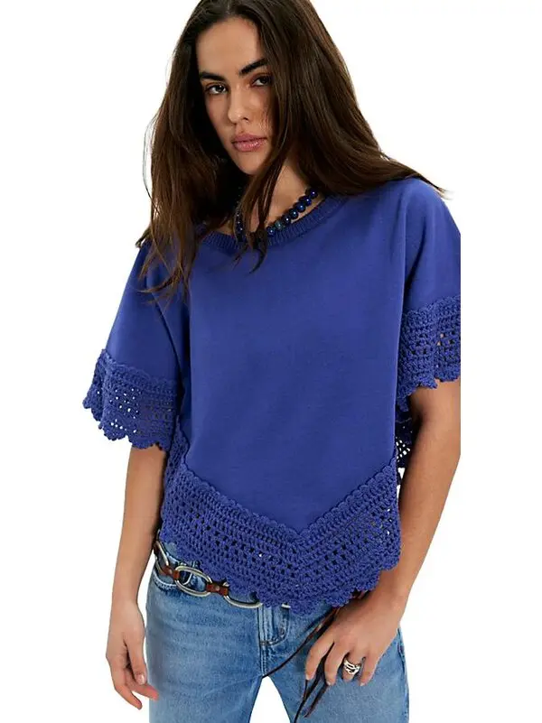Free People Crochet Trim Sweatshirt - Skipper Blue