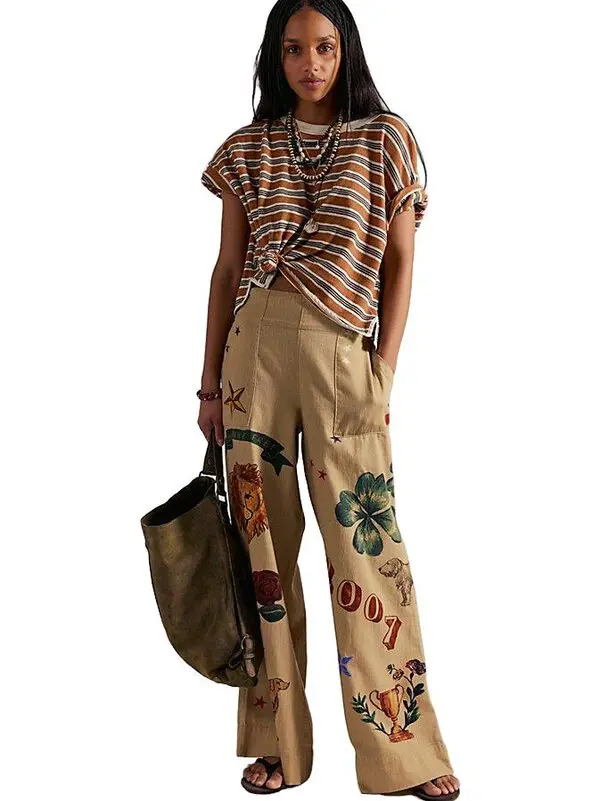 Free People We The Free Breezy Printed Denim Pull-on Jeans - Khaki Combo