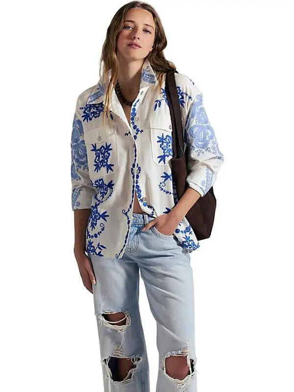 Free People Embroidered Button-down Shirt - Blue Floral