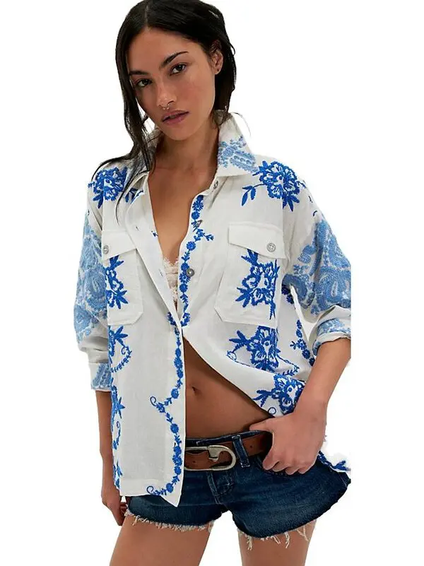 Free People Embroidered Button-down Shirt - Blue Floral