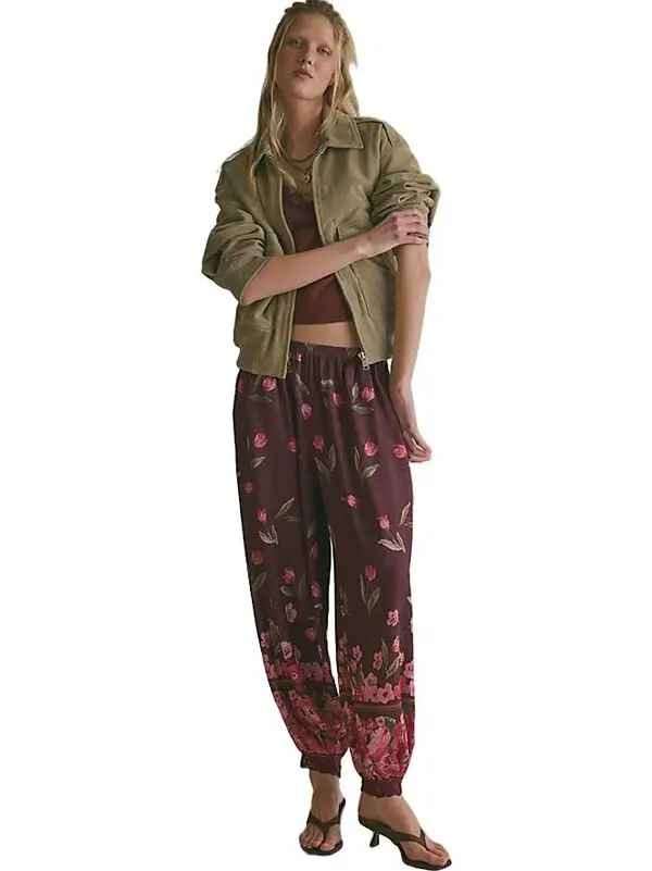 Free People Printed Satin Jogger Pants - Wine Combo