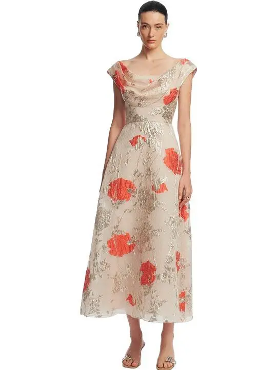 Lela Rose Floral Fil Coupé Draped Dress - Neutral