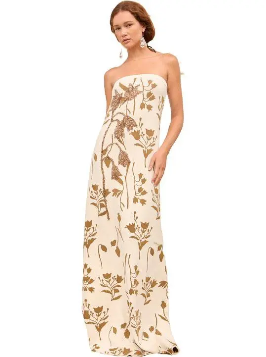 Lela Rose Floral Jacquard Knit Beaded Strapless Dress - Neutral
