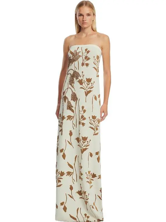 Lela Rose Floral Jacquard Knit Beaded Strapless Dress - Neutral