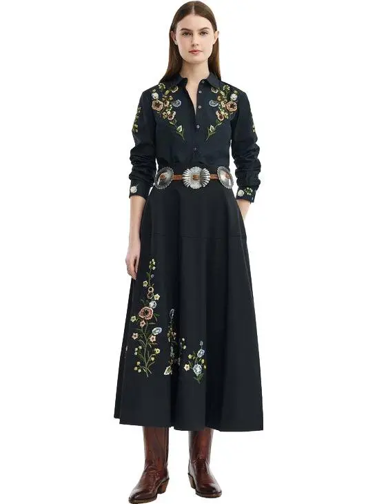 Lela Rose Floral Embroidered Cotton Shirt - Black