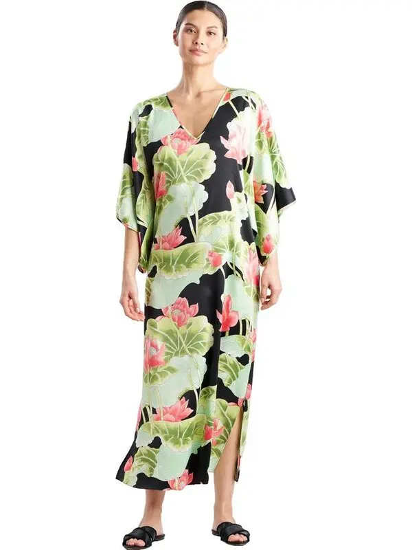 Natori Ascendant Lotus Printed Satin Caftan - Black