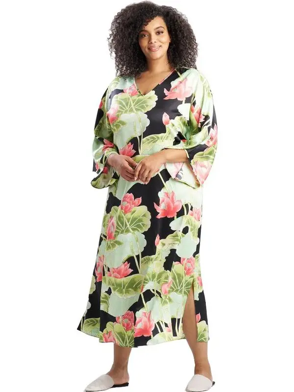 Natori Ascendant Lotus Printed Satin Caftan - Black