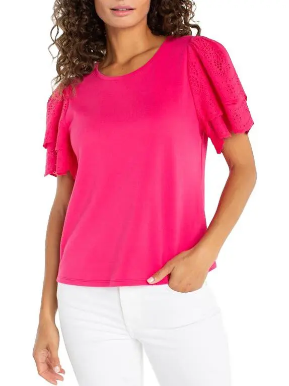LIVERPOOL Eyelet Sleeve Mixed Media Top - Diva Pink