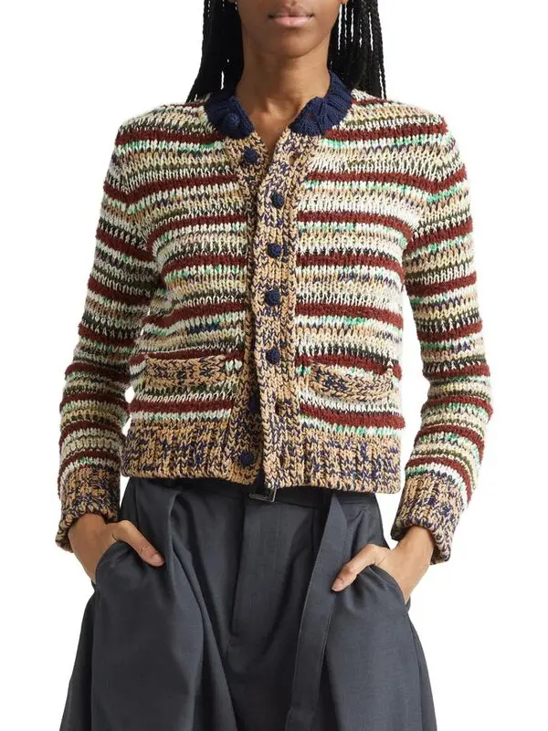 Sacai Mixed Yarn Cotton Blend Cardigan - Beige Multi