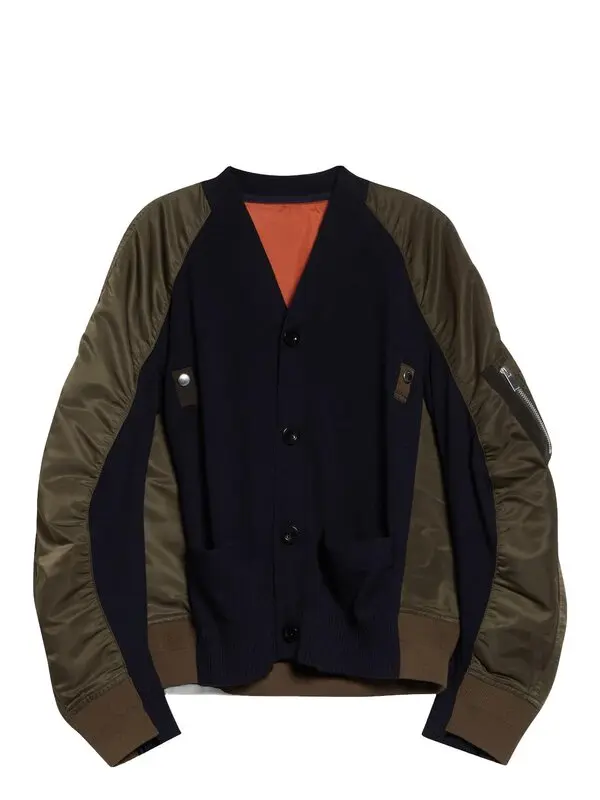 Sacai Mixed Media Knit & Nylon Twill Cardigan - Navy/dark Khaki