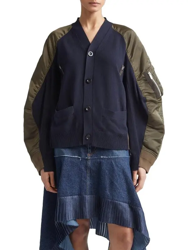 Sacai Mixed Media Knit & Nylon Twill Cardigan - Navy/dark Khaki