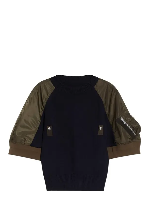 Sacai Mixed Media Knit & Nylon Twill Cardigan - Navy/dark Khaki