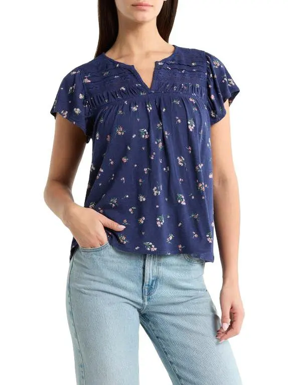 Lucky Brand Floral Flutter Sleeve Cotton-blend Top - Navy Floral