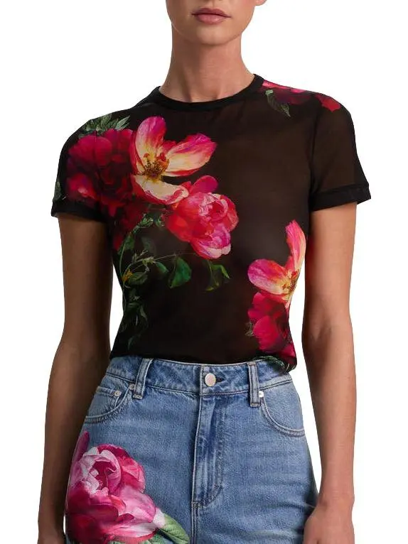 Alice + Olivia Tess Floral Mesh T-shirt - Empress Bloom Black