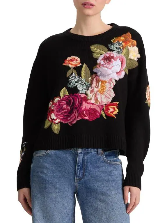 Alice + Olivia Belva Embroidered Floral Wool Blend Sweater - Black Multi
