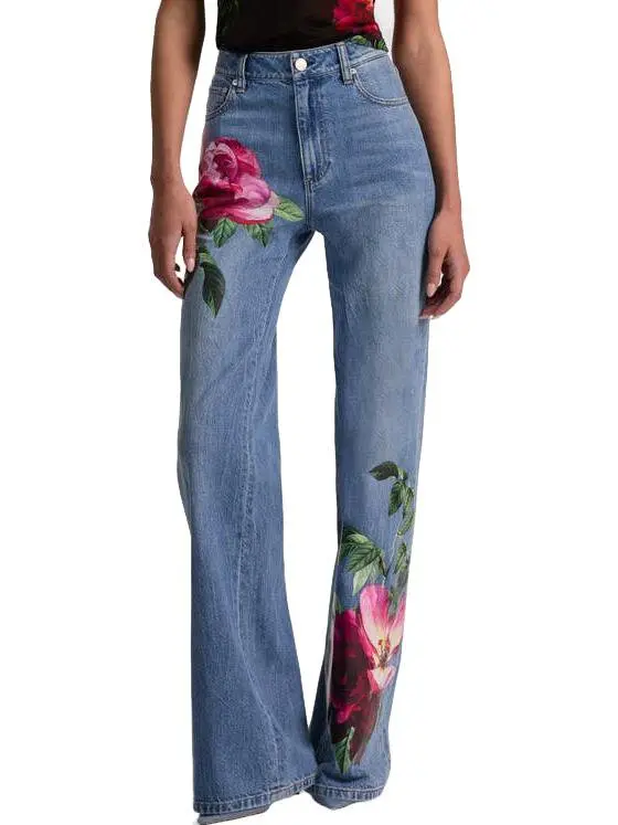 Alice + Olivia Floral Wide Leg Jeans - Denver Bright Blue Bloom