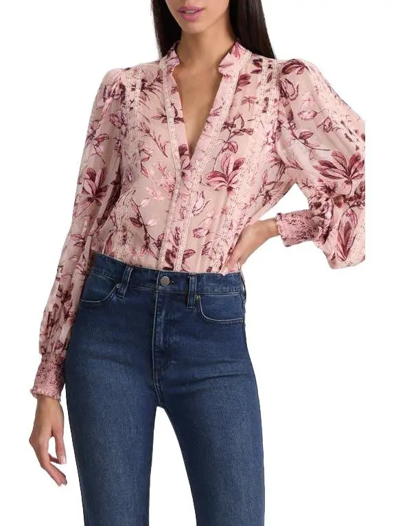 Alice + Olivia Arlette Floral Burnout Shirt With Lace Trim - Mystic Garden English Rose