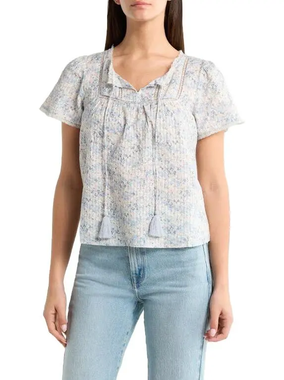 Lucky Brand Floral Flutter-sleeve Cotton-blend Top - Blue Floral