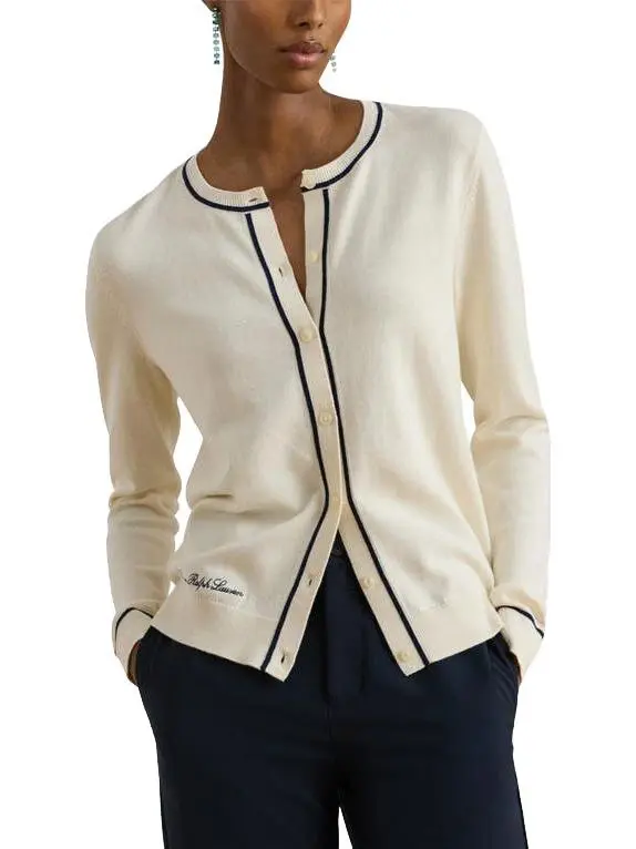 Ralph Lauren Contrast Trim Cotton Blend Cardigan - Mascarpone Cream/refined Navy