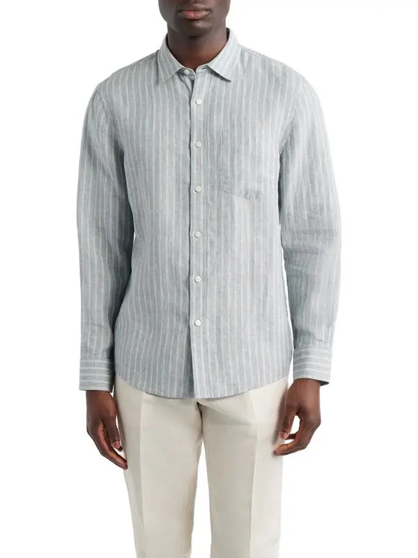 Nordstrom Pinstripe Linen Button-up Shirt - Blue Spruce Cliff Stripe