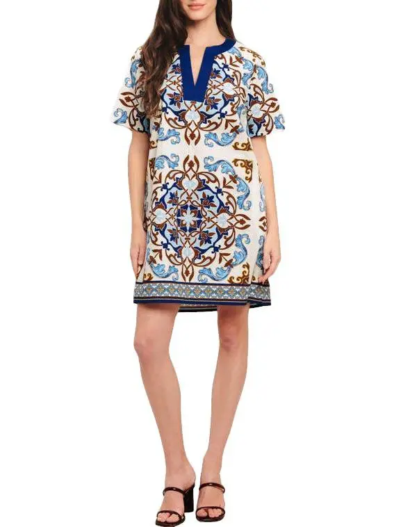 FLYING TOMATO Scarf Print Cotton Minidress - Ivory Blue