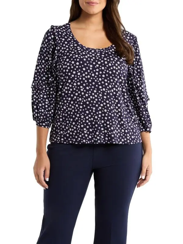 LIVERPOOL Printed Ruffle Sleeve Top - Navy/white Ditsy