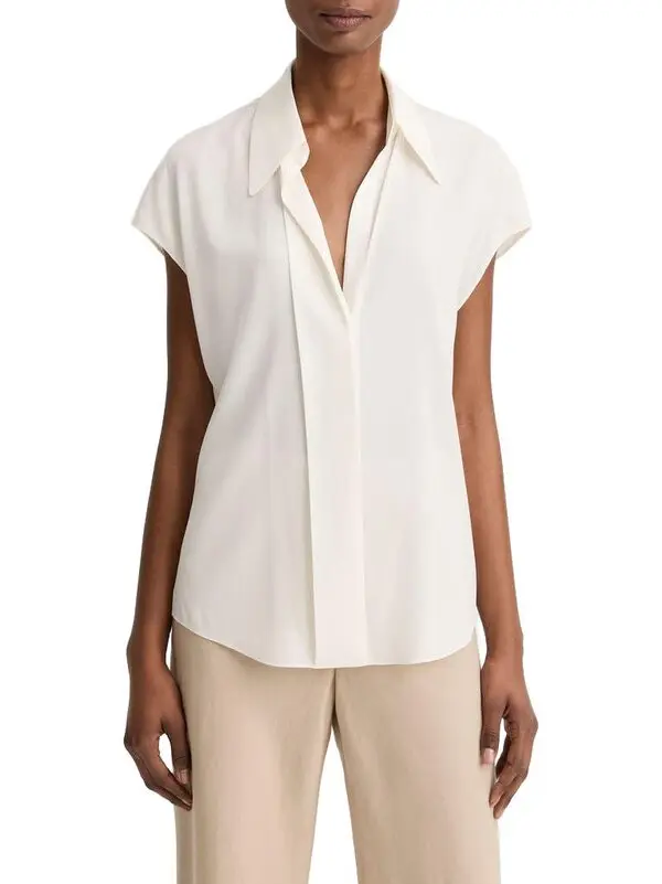 Vince Cap Sleeve Silk Button-up Shirt - Chalk
