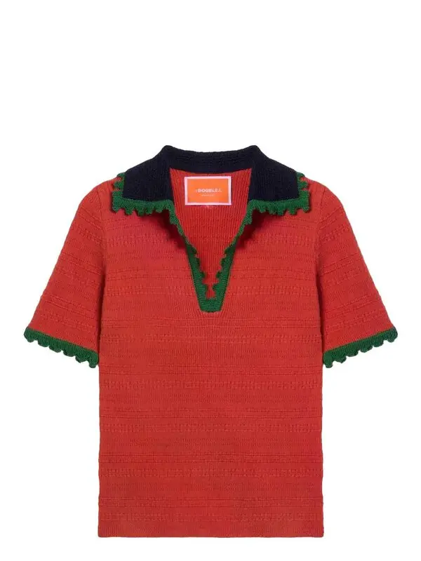 La DoubleJ Scalloped Knitted Polo Top - Red