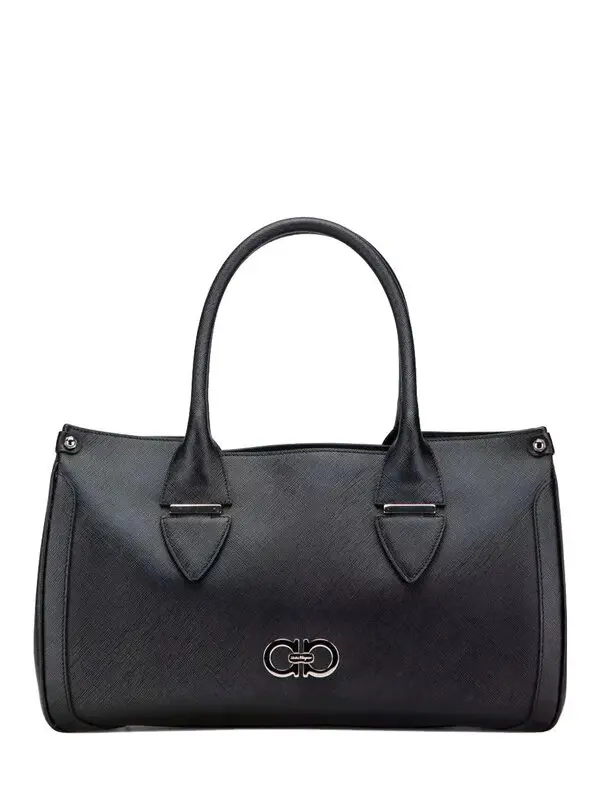 FERRAGAMO Leather Double Gancini Tote Bag - Black