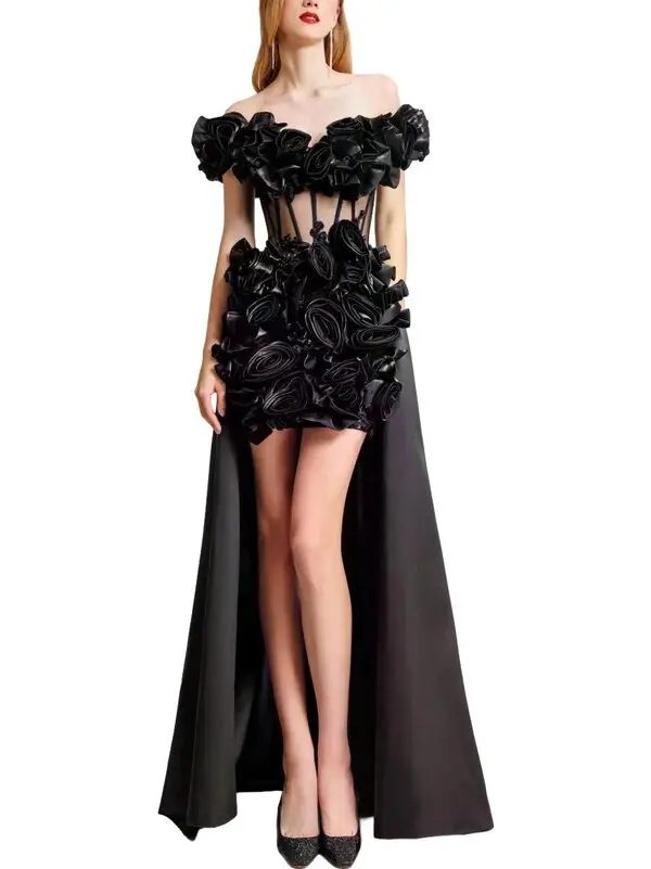 GEMY MAALOUF Off-shoulder Floral Embellished Gown - Black