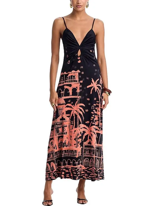 Johanna Ortiz Scenic Print Keyhole Cutout Dress - Black/peach