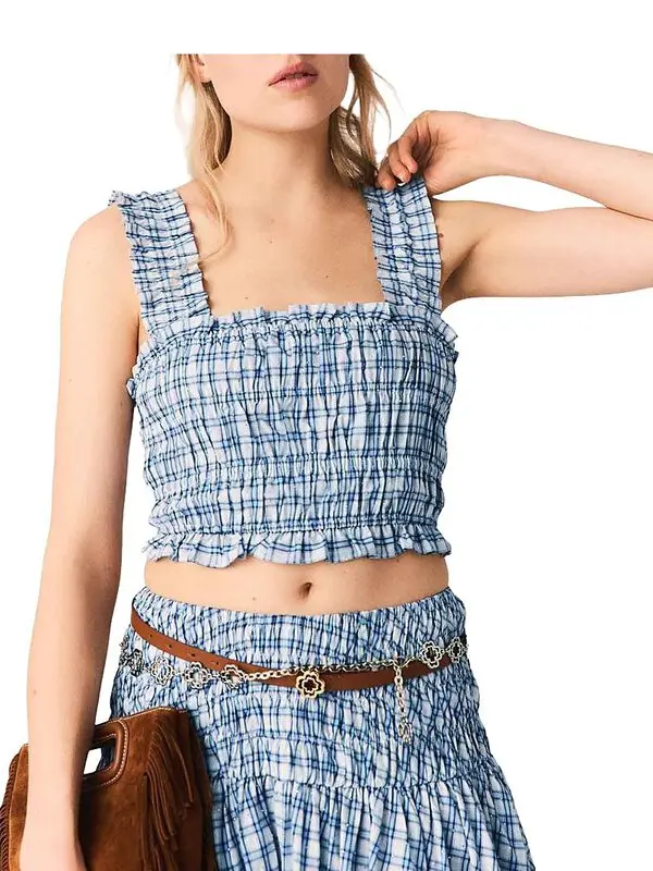 Maje Smocked Rhinestone Cotton Top - Blue Check Print