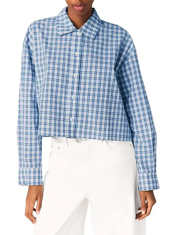 Maje Rhinestone Shirt With Removable Tie - Blue Check Print