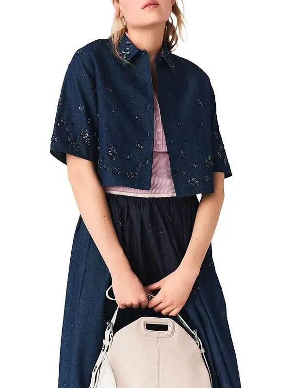 Maje Embroidered Cropped Denim Shirt - Navy