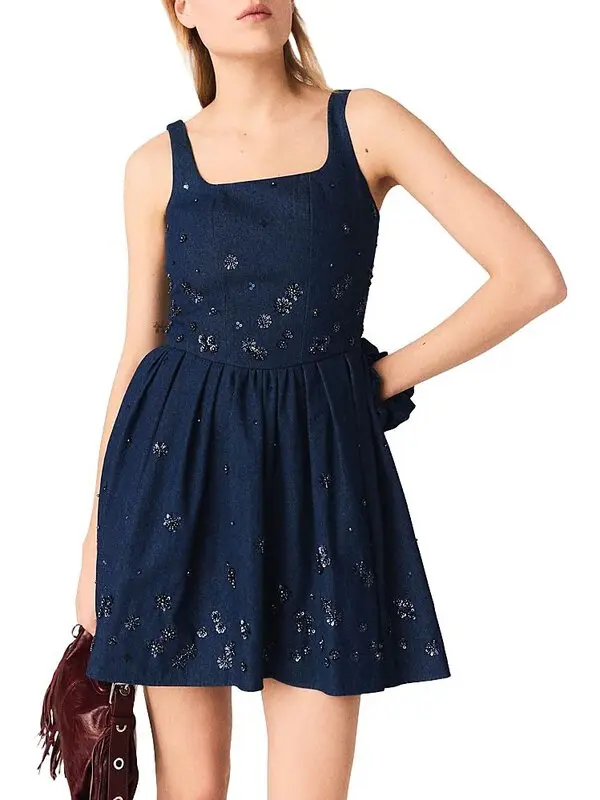 Maje Flared Embroidered Denim Dress - Navy