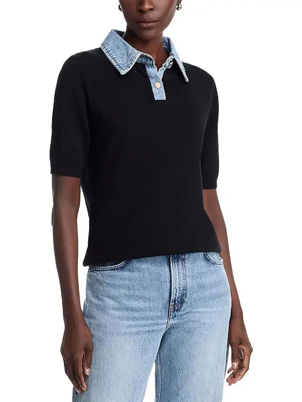 SIONI Collared Short Sleeve Sweater - Black/ Denim