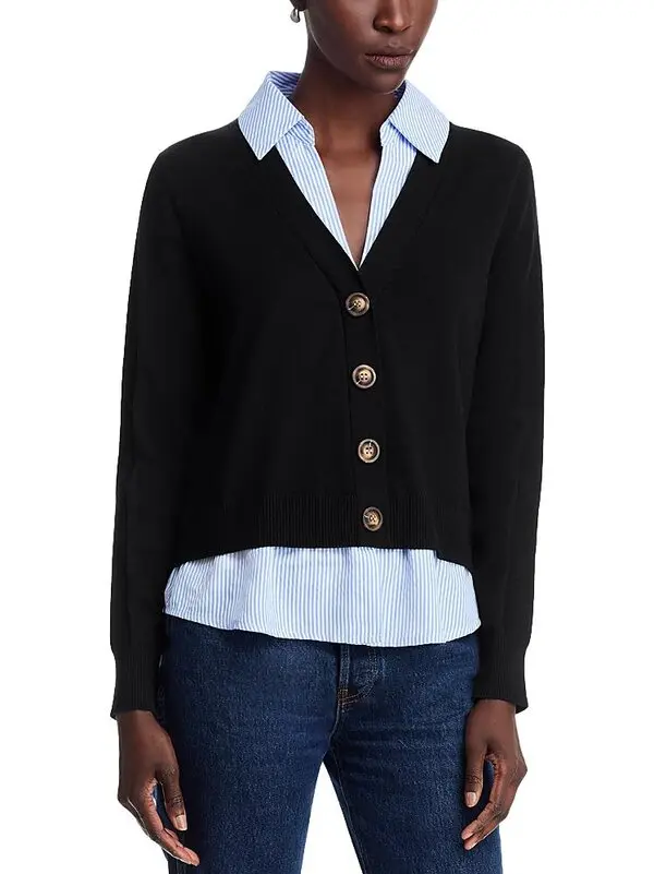 SIONI Collared Layered Cardigan - Black/ Stripe