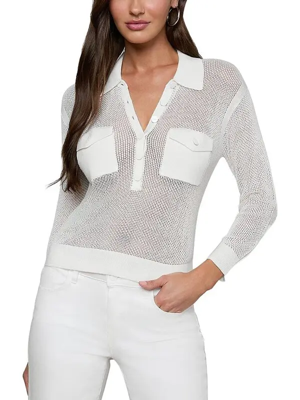 L'AGENCE Carine Pointelle Collared Sweater - Ivory