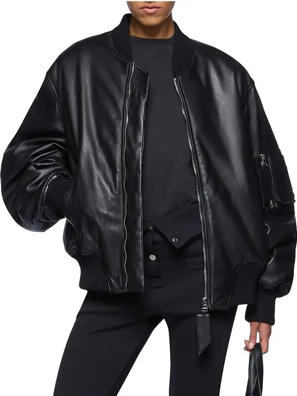 Attico Leather Bomber Jacket - Black