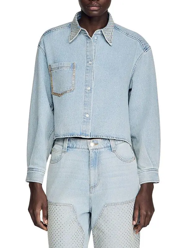 Sandro Lady Rhinestone Crop Denim Shirt - Light Blue Jean