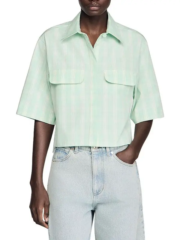 Sandro Kaia Crop Check Shirt - Green / Ecru