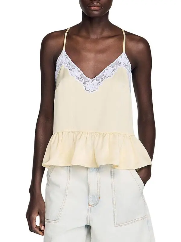 Sandro Lace Trimmed Ruffled Top - Light Yellow